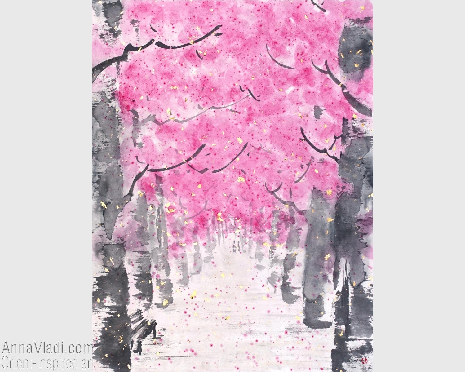 Sakura Way / Pink and Gold Cherry Blossom Lane Original - Etsy