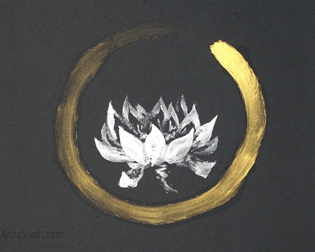 Lotus and Enso Painting: Gold & Silver Ink Zen Art - Etsy