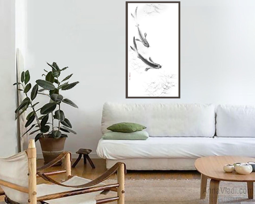 Koi Fish Sumi-e Painting: Japanese Ink Art, Oriental Zen Decor - Etsy