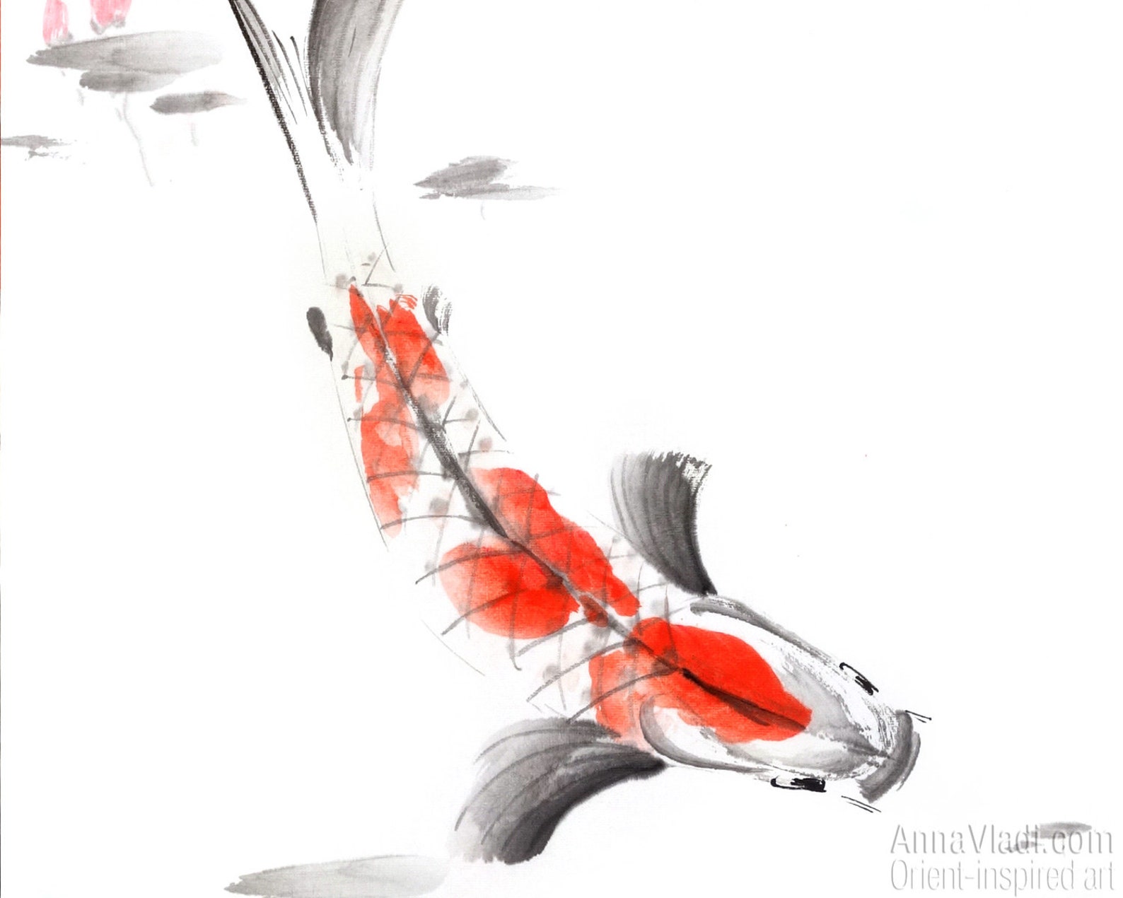 Koi Fish and Water Lily Flowers original Sumi-e art on | Etsy