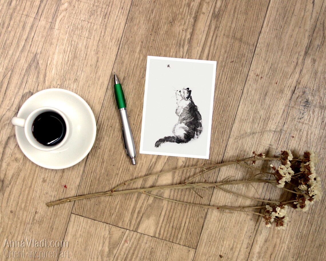 Lazy Cat — Postcard Sized Print of My Original Sumi-e Artwork - Etsy