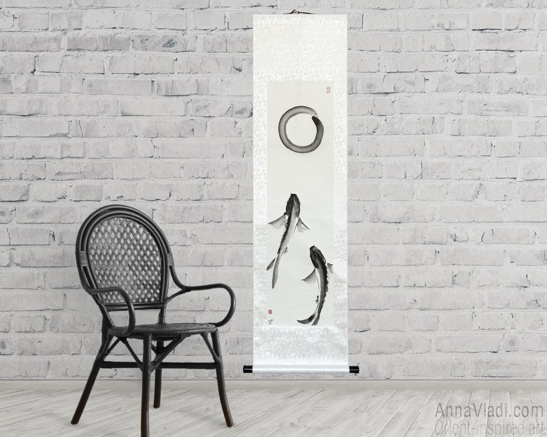 Enso Zen Circle and Two Koi Fish — Original Sumi-e Painting in Japanese ...