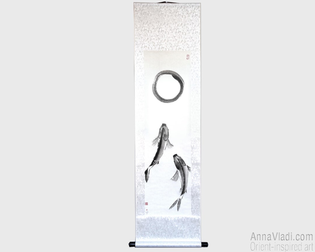 Enso Zen Circle and Two Koi Fish Original Sumi-e Painting in Japanese ...
