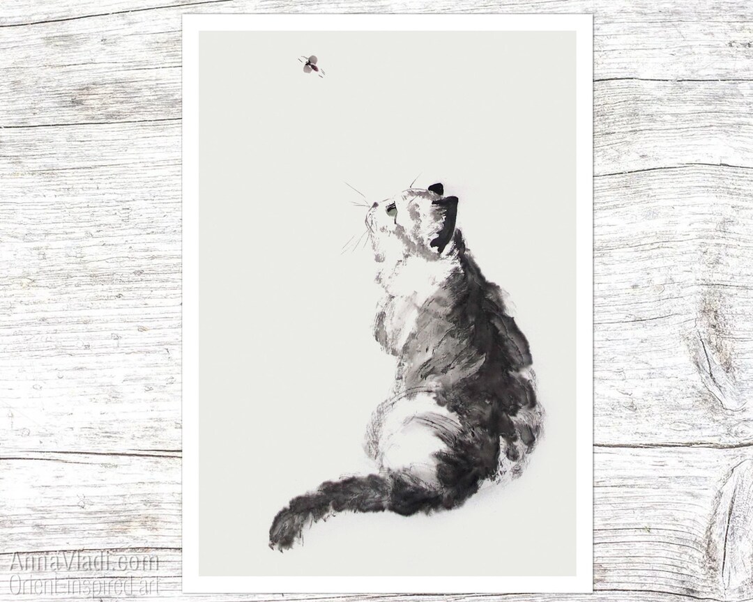 Lazy Cat — Postcard Sized Print of My Original Sumi-e Artwork - Etsy