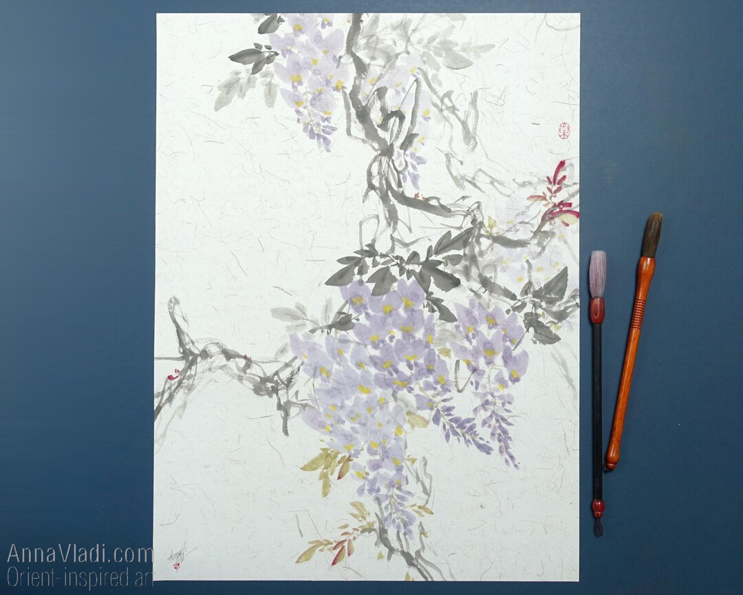 Wisteria Blossoms — Original Sumi-e Painting on Rice Paper, Japanese ...