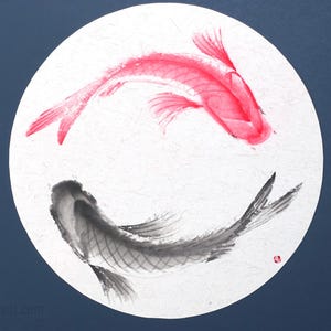Koi Fish in Circle — Original Round Painting, Unframed. Oriental Sumi-e ...