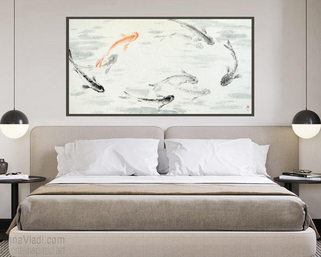 9 Koi — Original Feng Shui Painting of Nine Koi in a Pond, Oriental ...