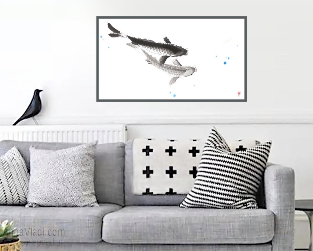 Two Koi — Original Sumie Painting, Large Horizontal Wall Art in ...