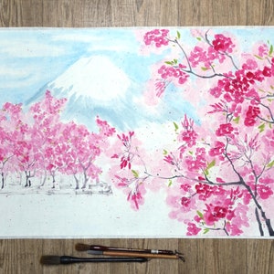 Sakura Cherry Blossoms and Mt Fuji Original Sumi-e Painting on Rice ...