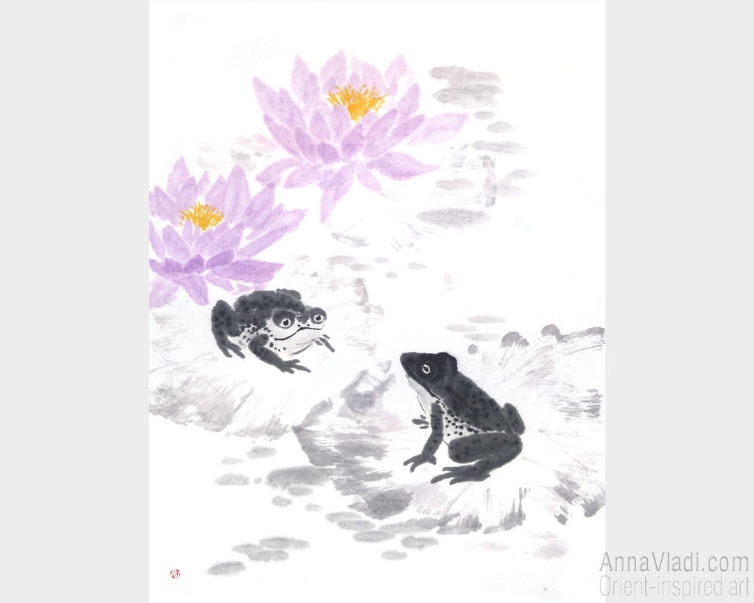 Frogs and Water Lilies — Original Sumi-e Ink Art on Rice Paper ...
