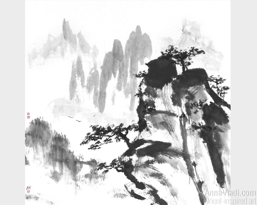 Mountain View Landscape — Original Sumi-e Painting, Zen Meditation Art ...