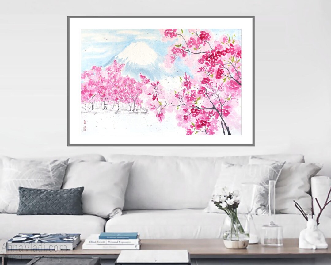 Sakura Cherry Blossoms and Mt Fuji Original Sumi-e Painting on Rice ...