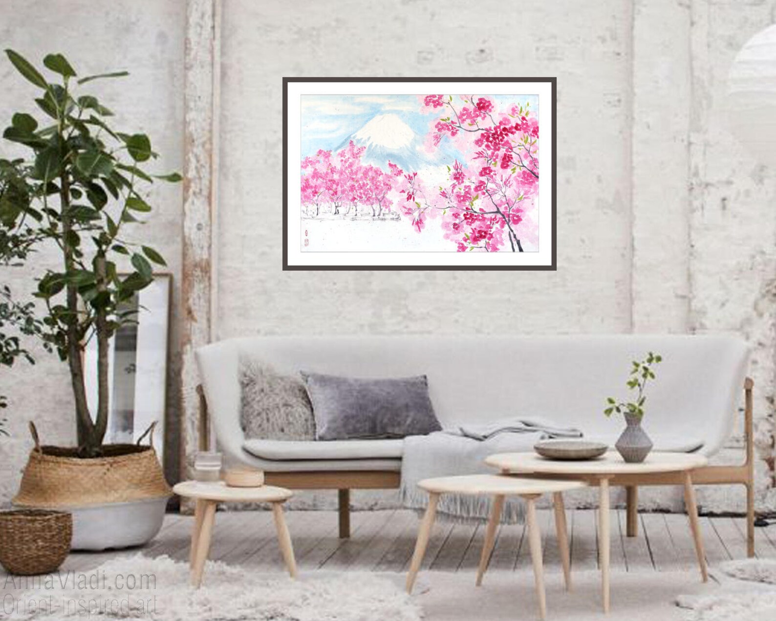 Sakura Cherry Blossoms and Mt Fuji — Original Sumi-e Painting on Rice ...