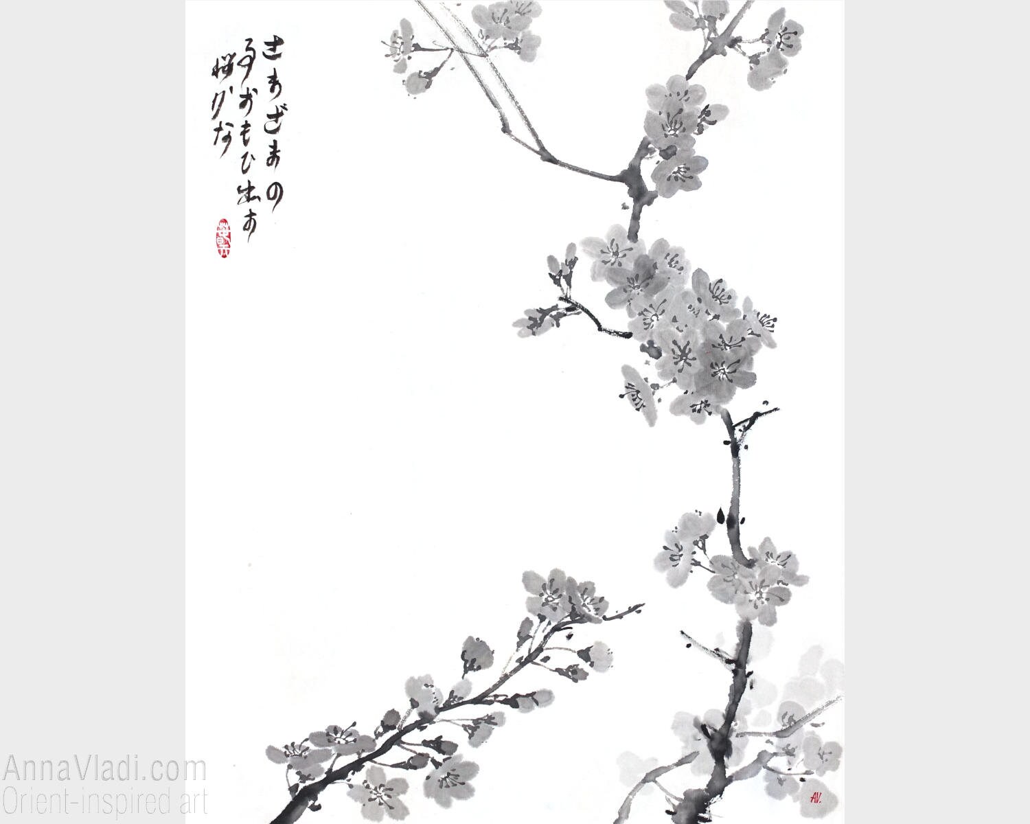Sakura Cherry Blossoms Original Sumi-e Painting With Basho - Etsy