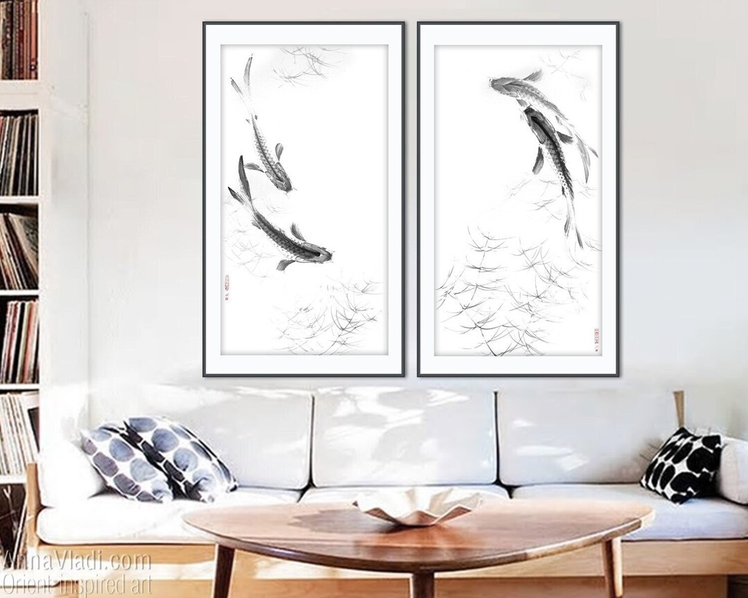 Koi Fish Sumi-e Painting Set: Original Ink Art, Feng Shui Wall Decor - Etsy