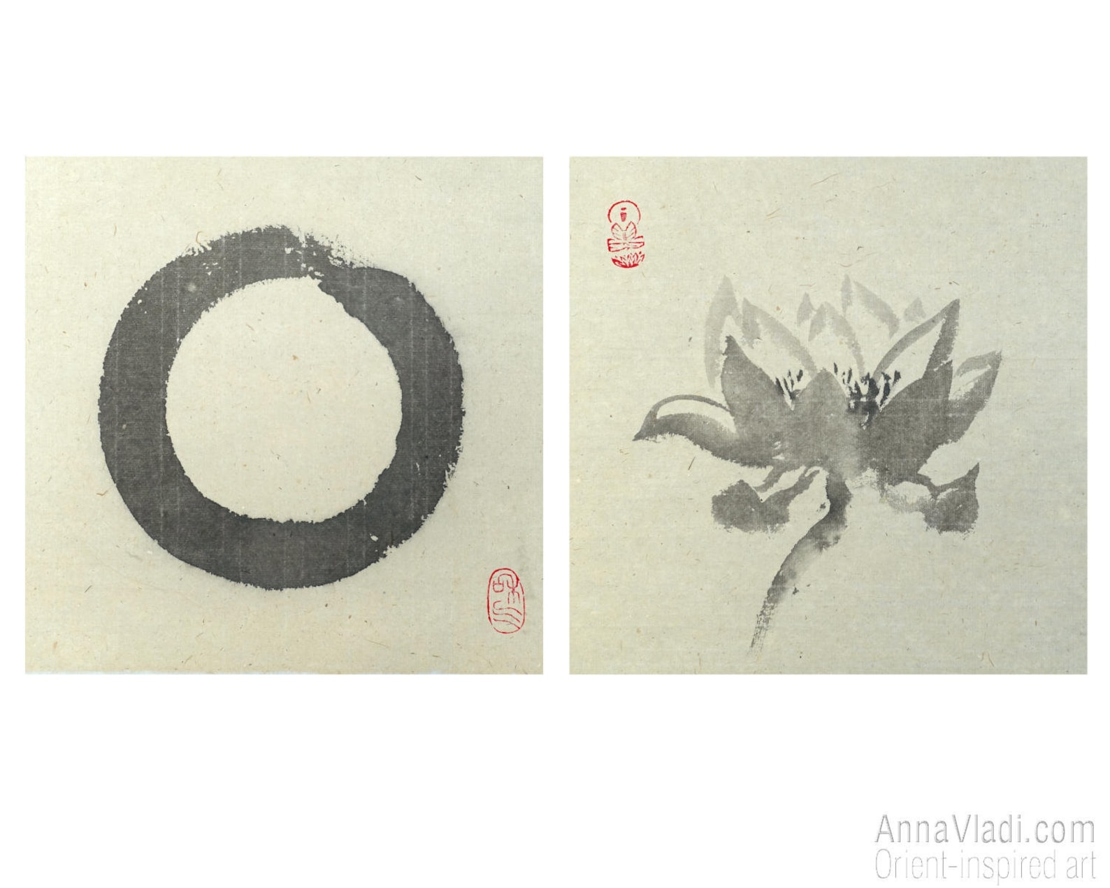 Enso Zen Circle and Lotus — Set of 2 Original Oriental Calligraphy ...