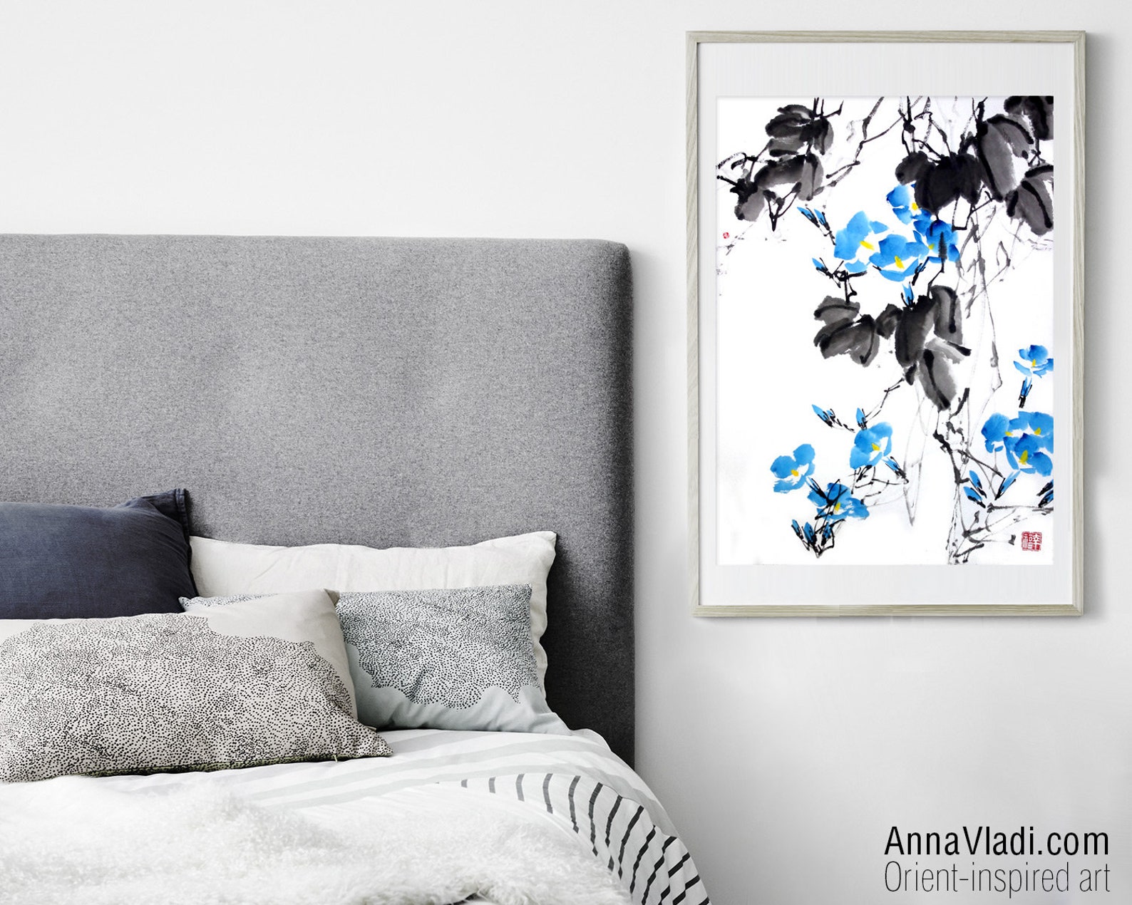 Blue Morning Glory Flowers (asagao) — Original Sumi-e Ink Painting on ...
