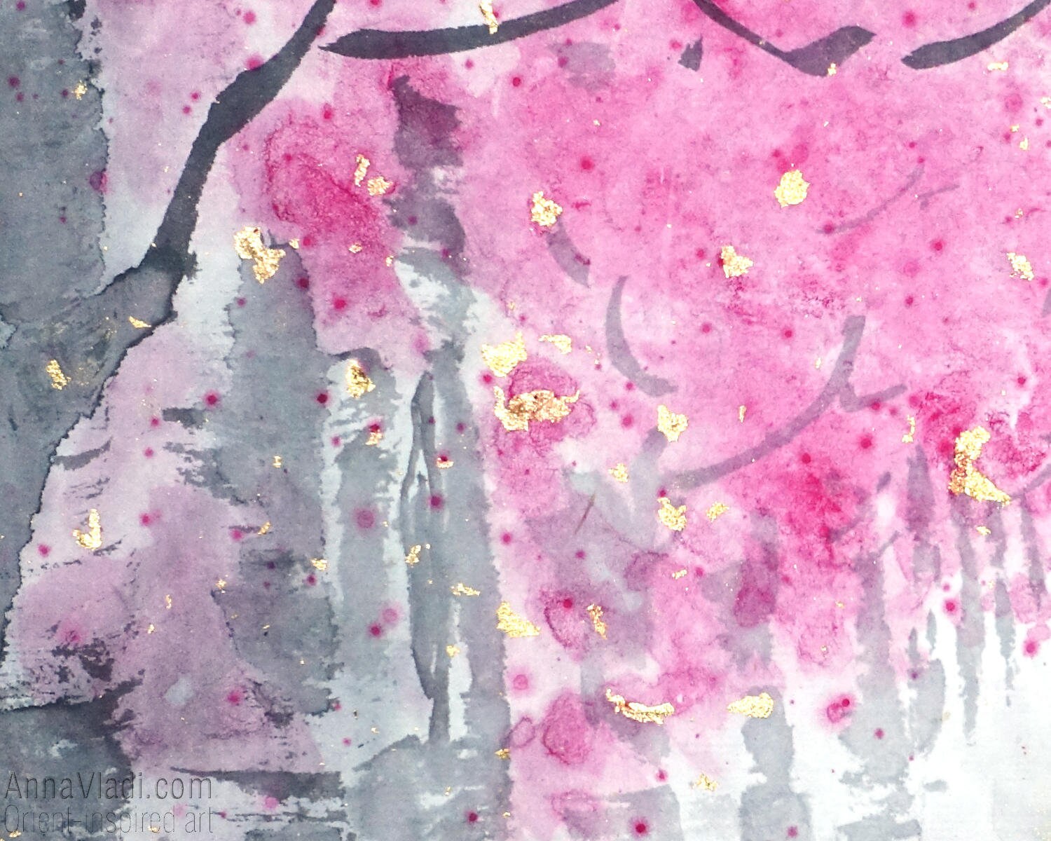 Sakura Way / Pink and Gold Cherry Blossom Lane Original - Etsy
