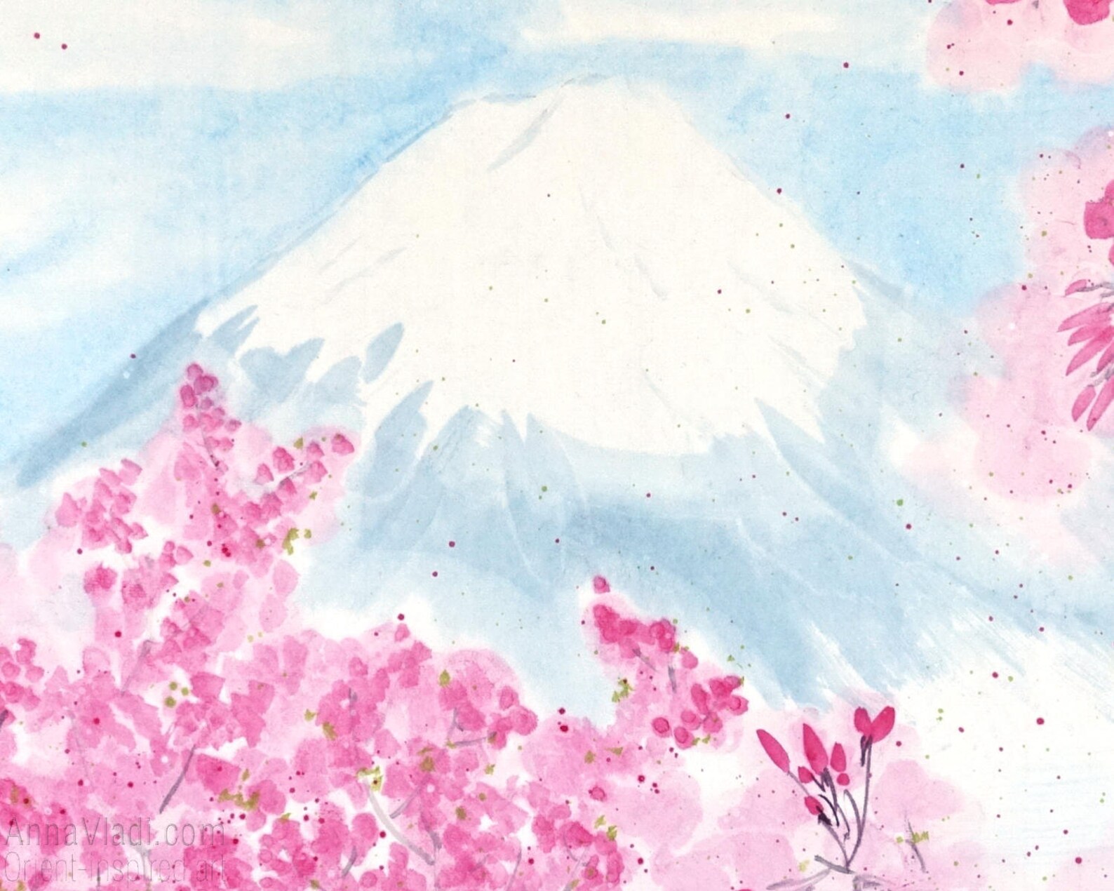 Sakura Cherry Blossoms and Mt Fuji — Original Sumi-e Painting on Rice ...