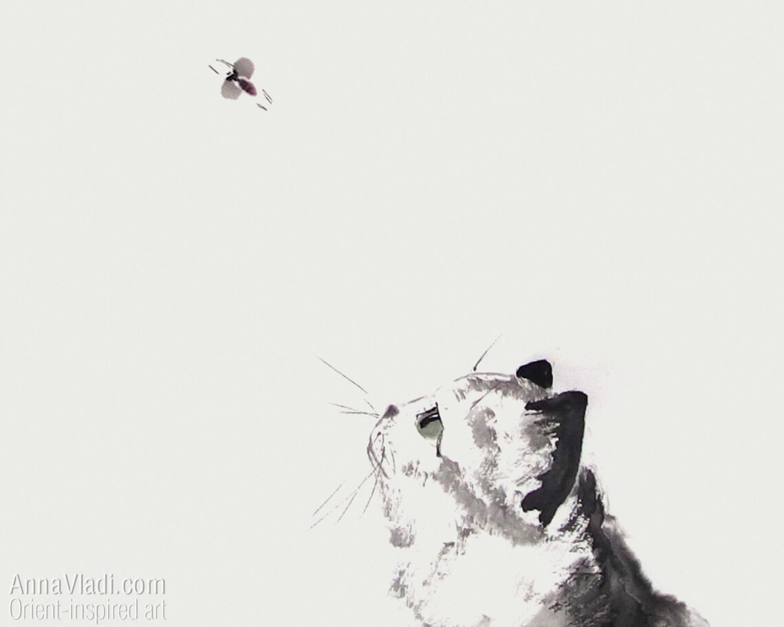 Lazy Cat — Postcard Sized Print of My Original Sumi-e Artwork - Etsy