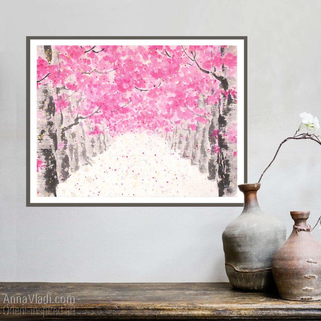 Sakura Way / Pink and Gold Cherry Blossom Lane — Original Sumi-e ...