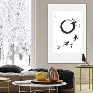 Enso Zen Circle and Two Koi Fish — Large Original Sumi-e Painting in ...