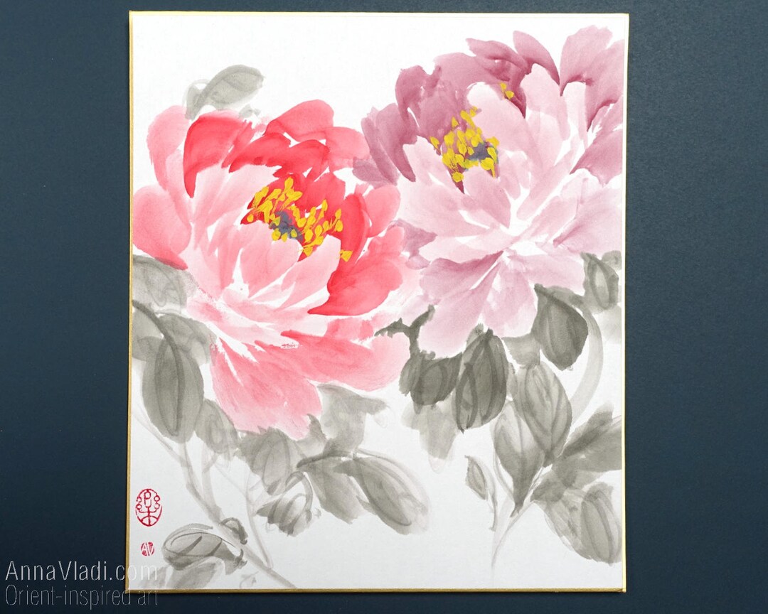 Two Pink Peonies Sumi-e Original Painting on Japanese Shikishi Board ...