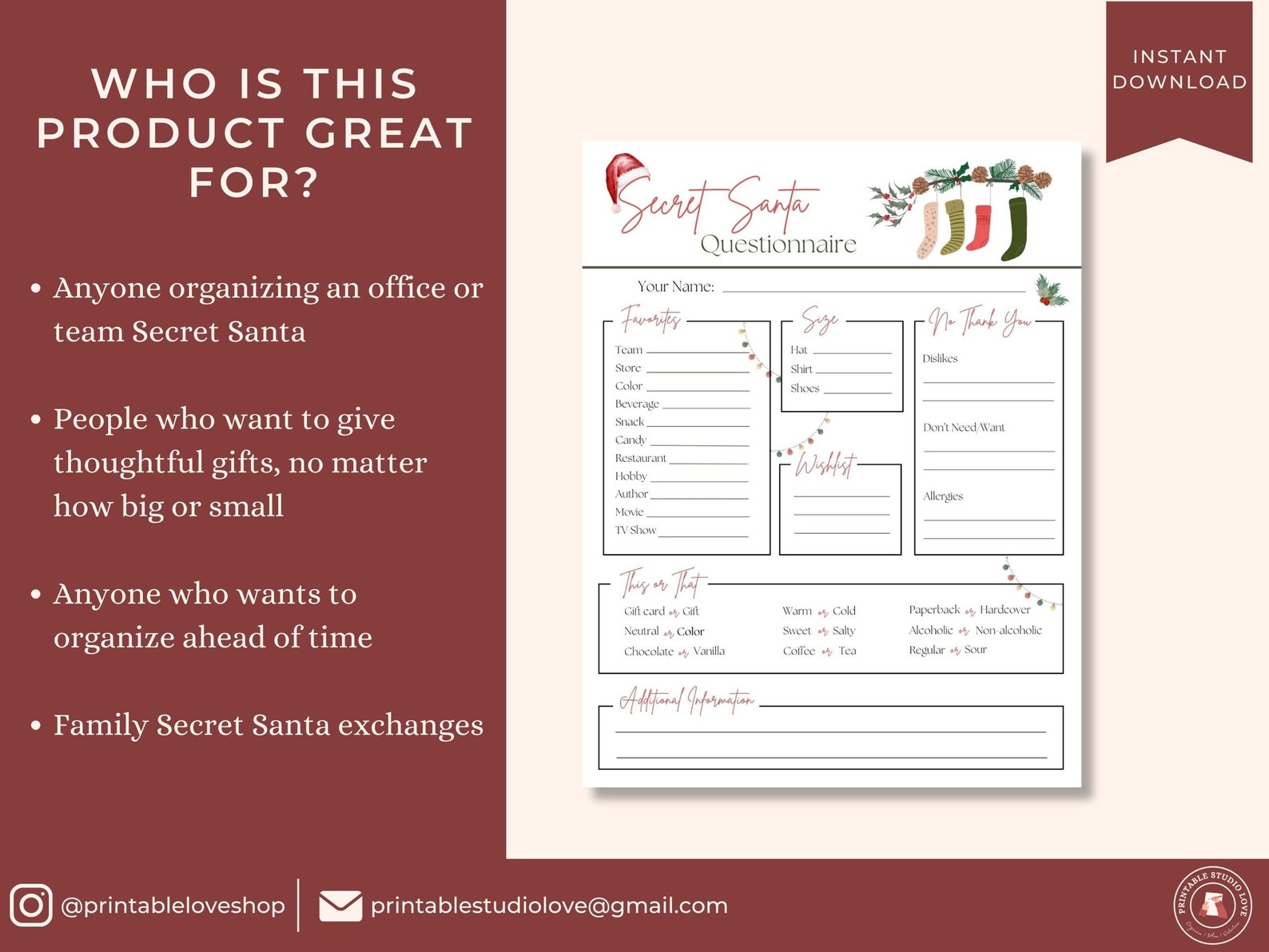 Secret Santa Questionnaire, Template for Work, Office, Family, Gift ...