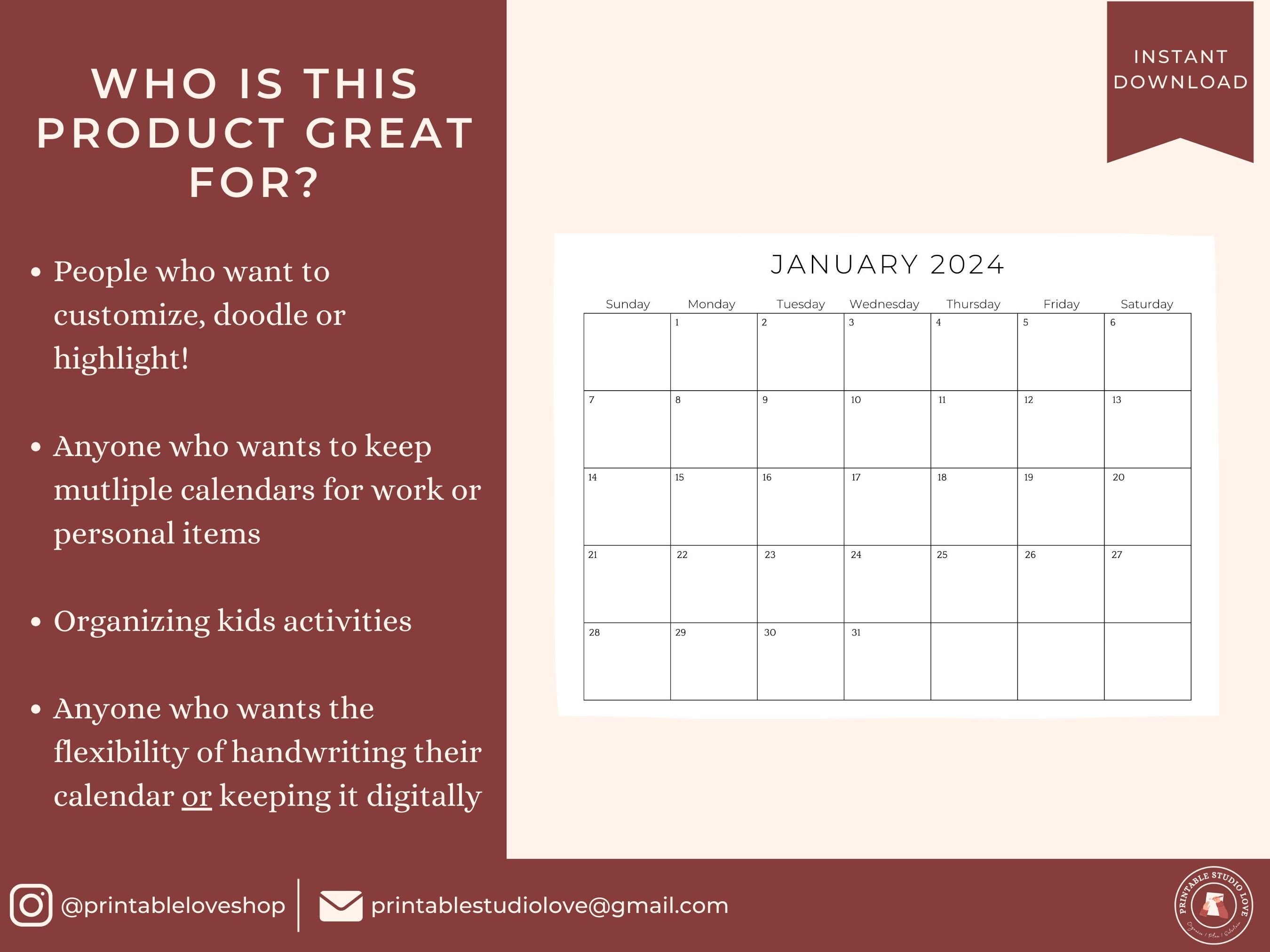 Editable 2024 Monthly Calendar, Modern Monthly Calendar, Print at Home ...