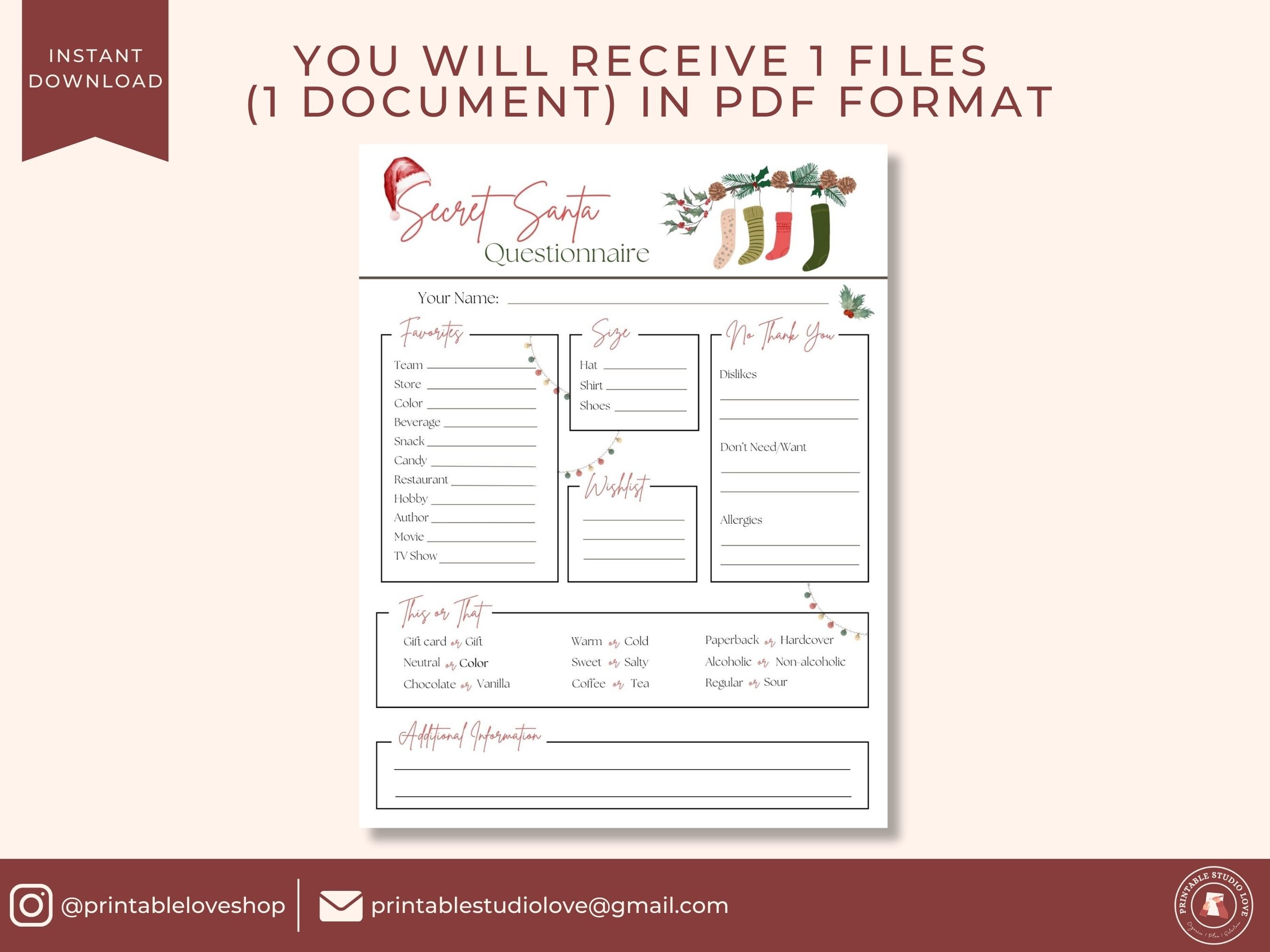 Secret Santa Questionnaire, Template for Work, Office, Family, Gift ...