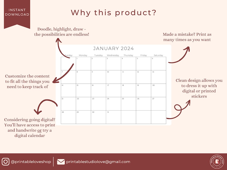 Editable 2024 Monthly Calendar, Modern Monthly Calendar, Print at Home ...