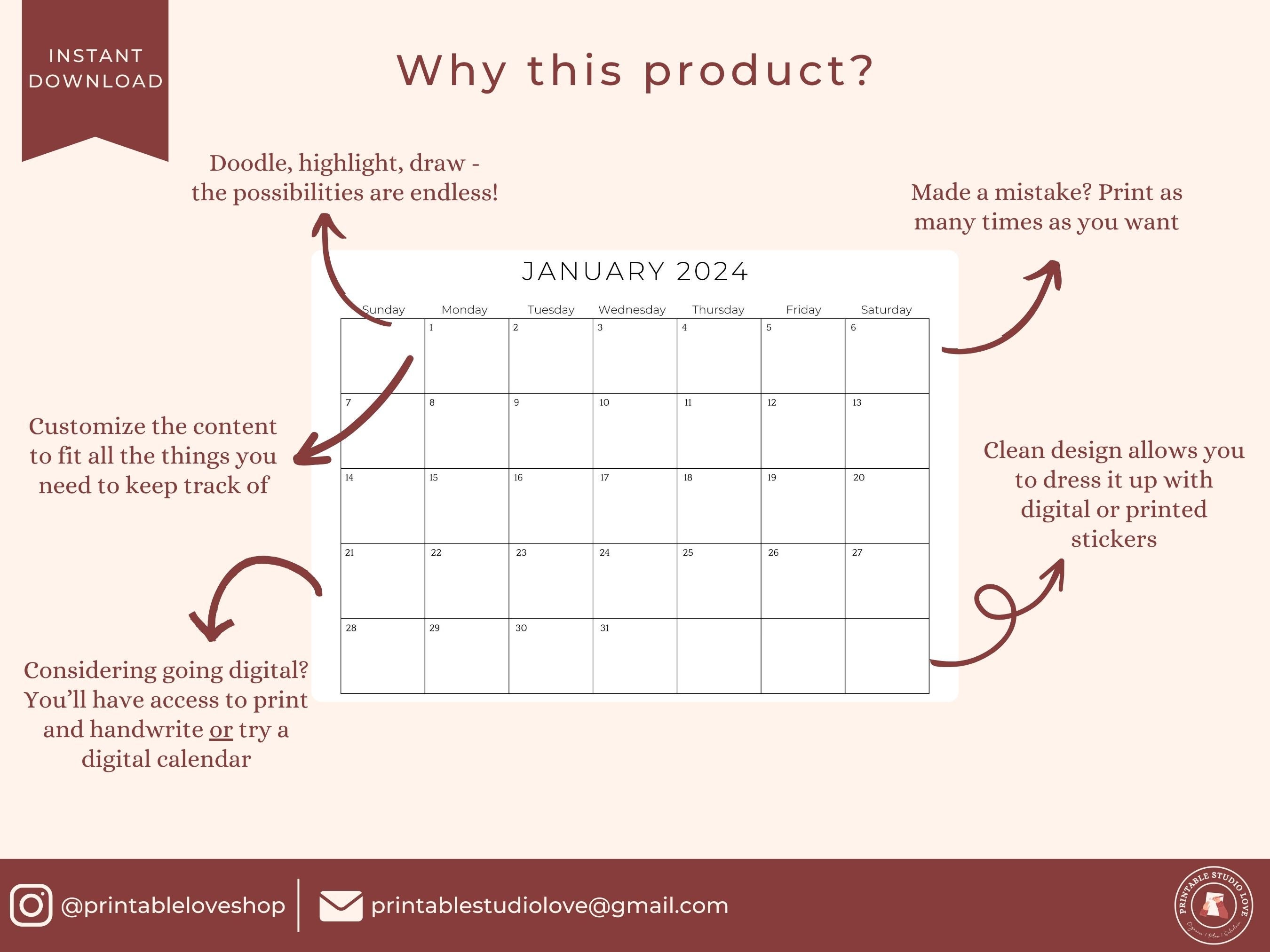 Editable 2024 Monthly Calendar, Modern Monthly Calendar, Print at Home ...