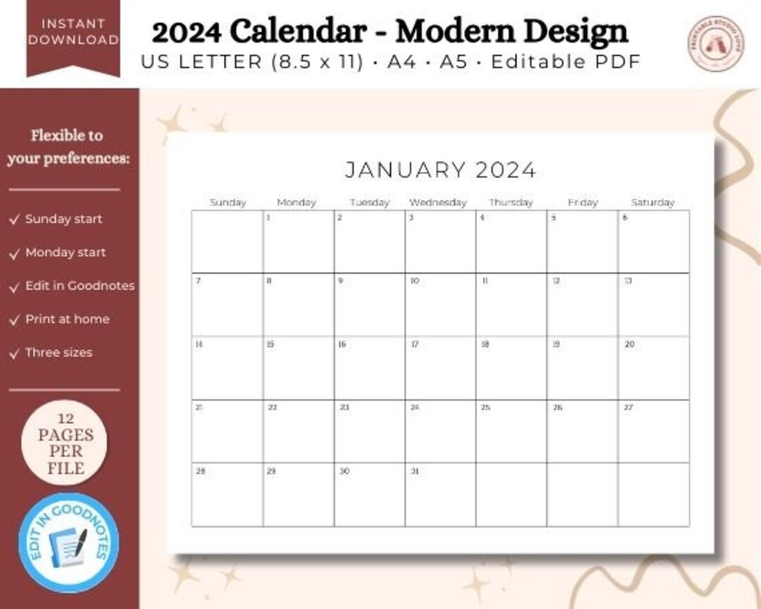 Editable 2024 Monthly Calendar, Modern Monthly Calendar, Print at Home ...