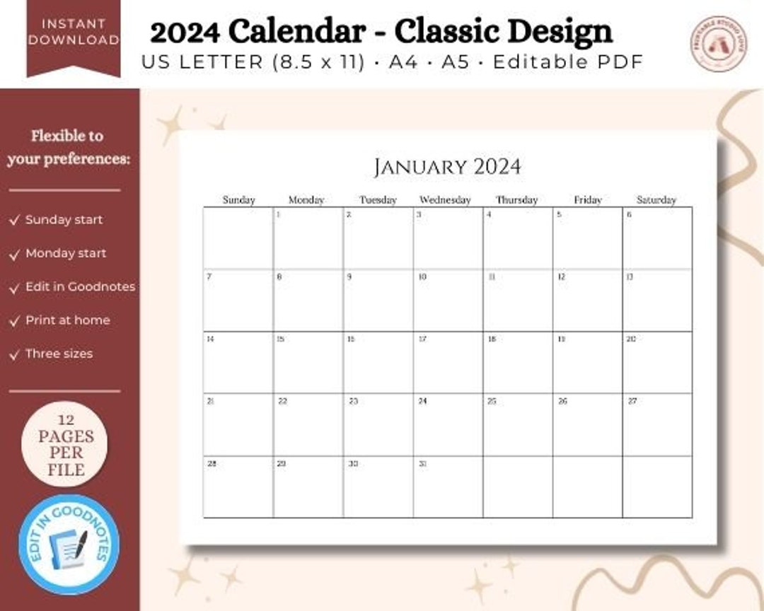 Editable 2024 Monthly Calendar, Classic Monthly Calendar, Print at Home ...