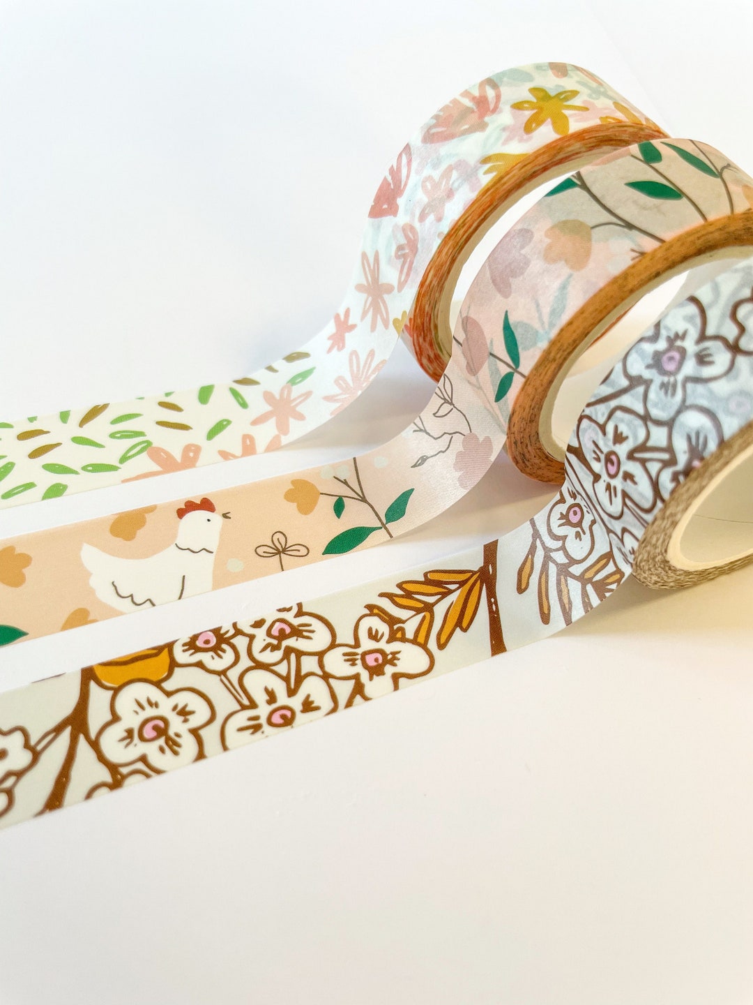 3 Roll Washi Tape Set Chickens and Flowers, Planner Tape, Journaling ...