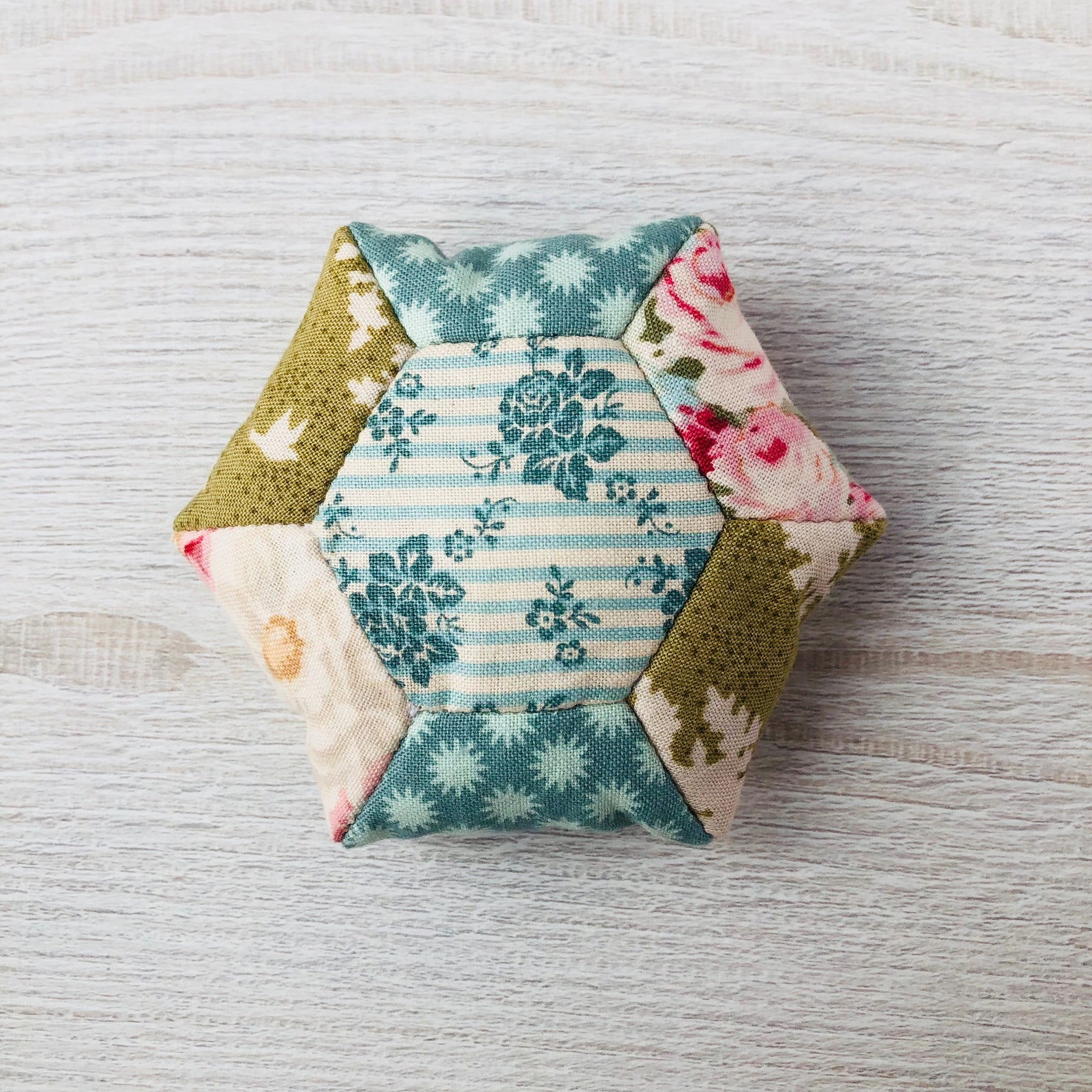 Hand Sewn Patchwork Hexagon Pin Cushion Tilda Teal Blue Rose | Etsy