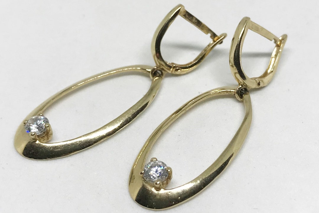 Vintage 14ct Yellow Solid Gold Drop Earrings With Cubic Zircons Stylish ...