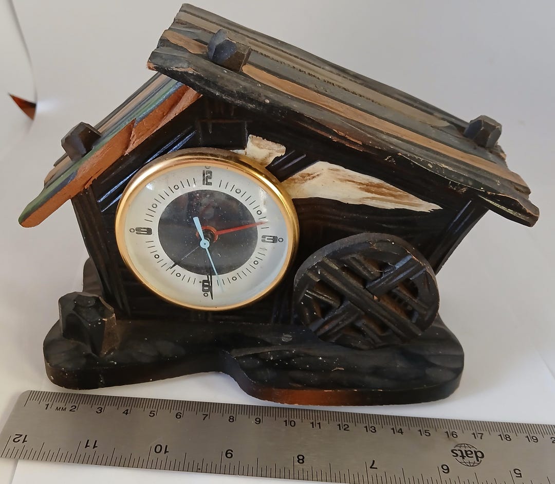 Vintage Hand Carved Wooden BLACK FOREST Water Mill Wind-up CLOCK Mid ...