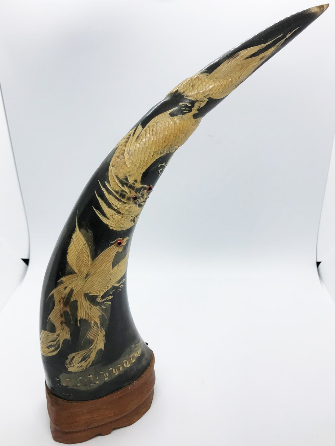 Vintage Hand Carved Water Buffalo Horn of a Dragon and Phoenix on a ...