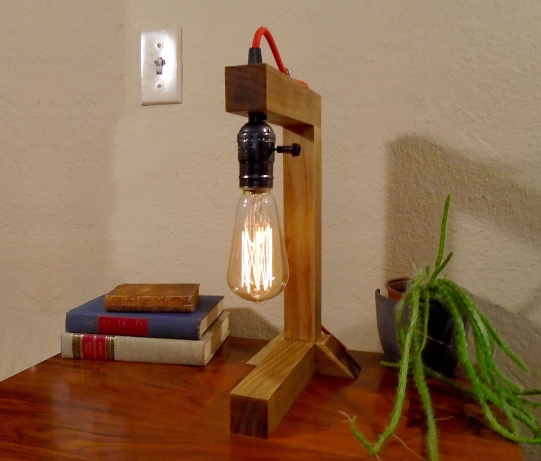 Edison Lamp, Edison Table Lamp, Wood, Red Cloth Cord, Industrial Desk ...