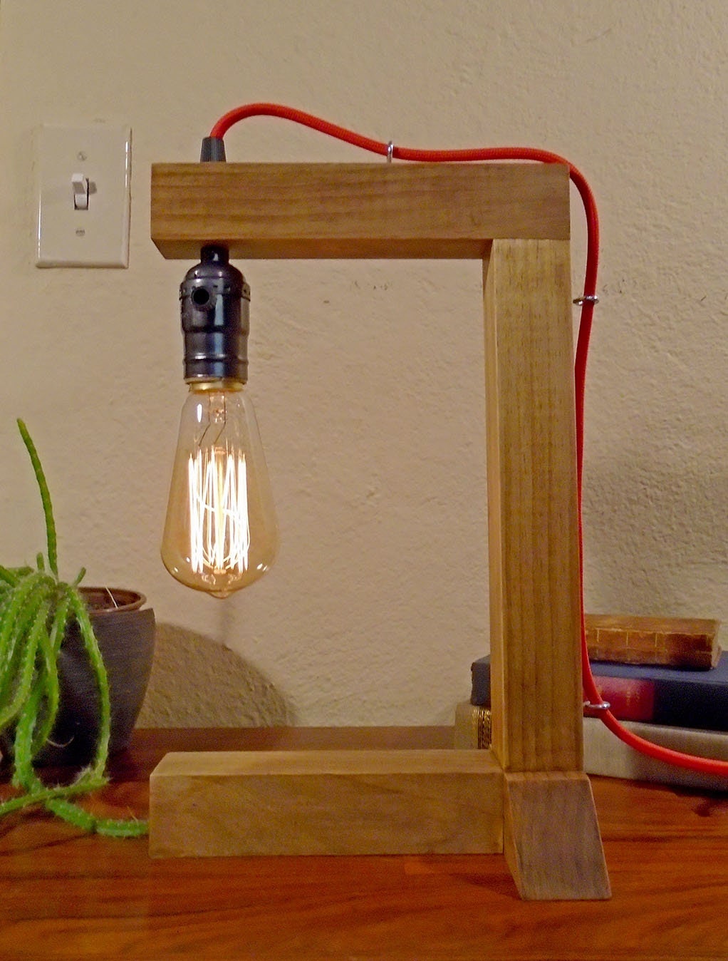 Edison Lamp, Edison Table Lamp, Wood, Red Cloth Cord, Industrial Desk ...