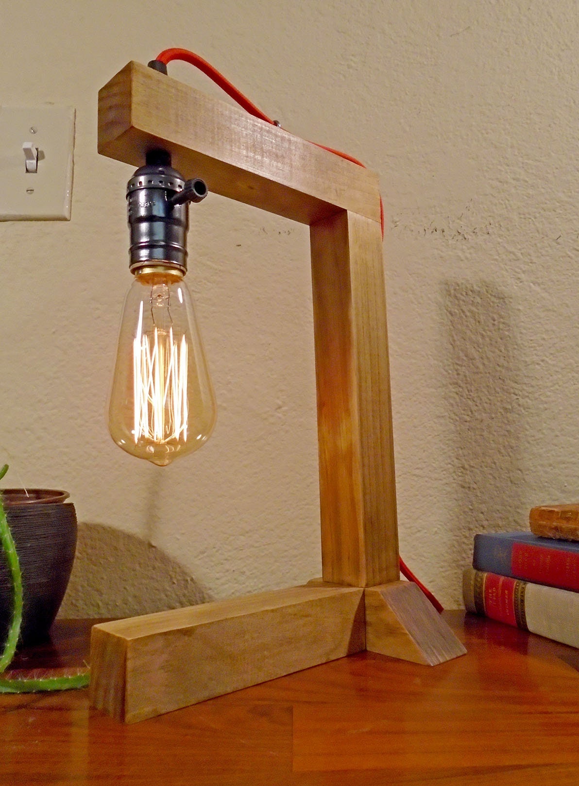 Edison Lamp, Edison Table Lamp, Wood, Red Cloth Cord, Industrial Desk ...