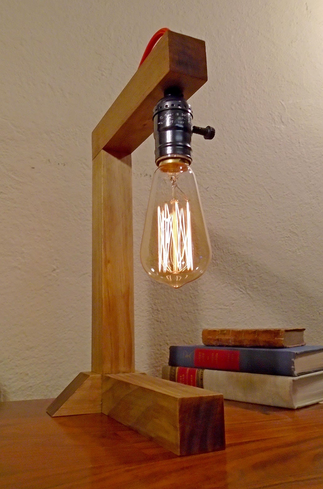 Edison Lamp, Edison Table Lamp, Wood, Red Cloth Cord, Industrial Desk ...