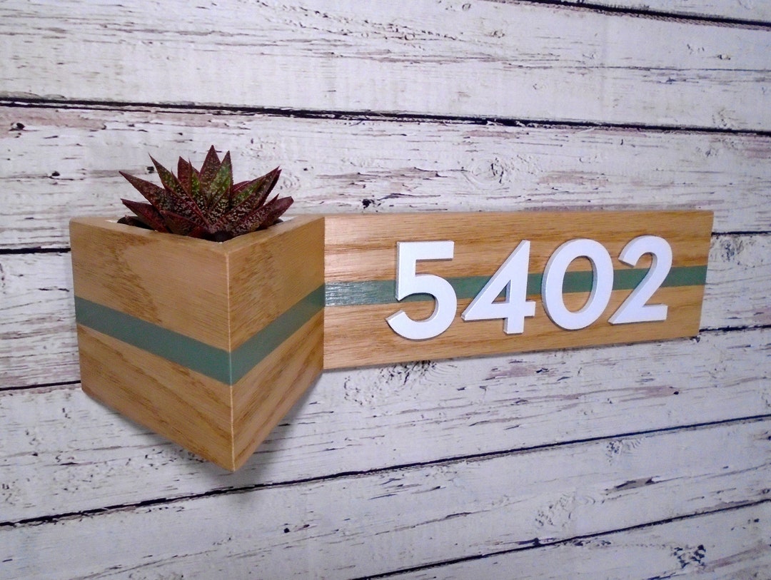 House Number Planter Sign, Oak Wood Hanging Wall Planter With 3D ...