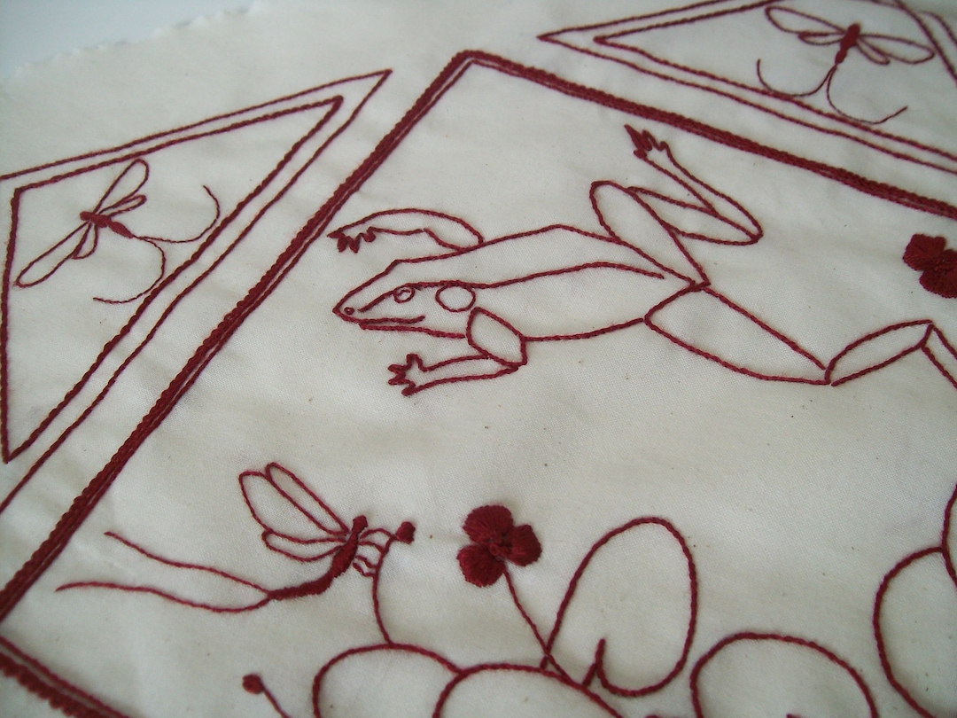 Frog Redwork, PDF Hand Embroidery Frog Pattern, Frog Mayfly and Frog's Bit Embroidery Pattern - Etsy