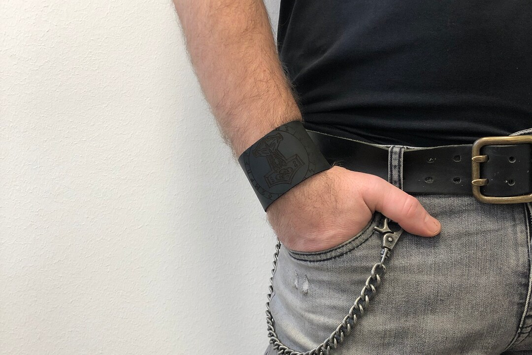 Thor Hammer Leather Bracelet Matt Black Leather Bracelets Mjollnir ...