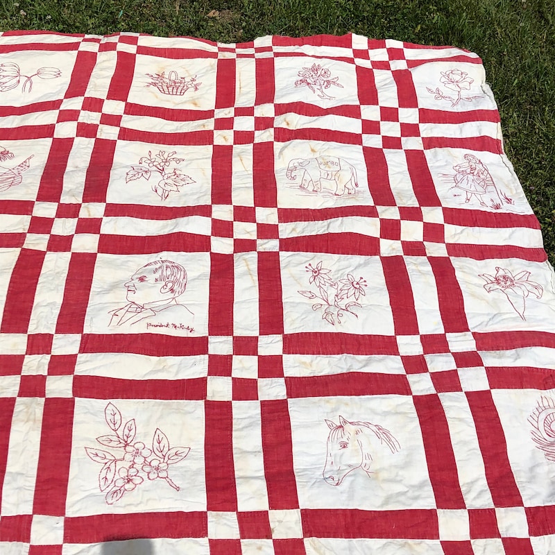 Redwork Quilt - Etsy
