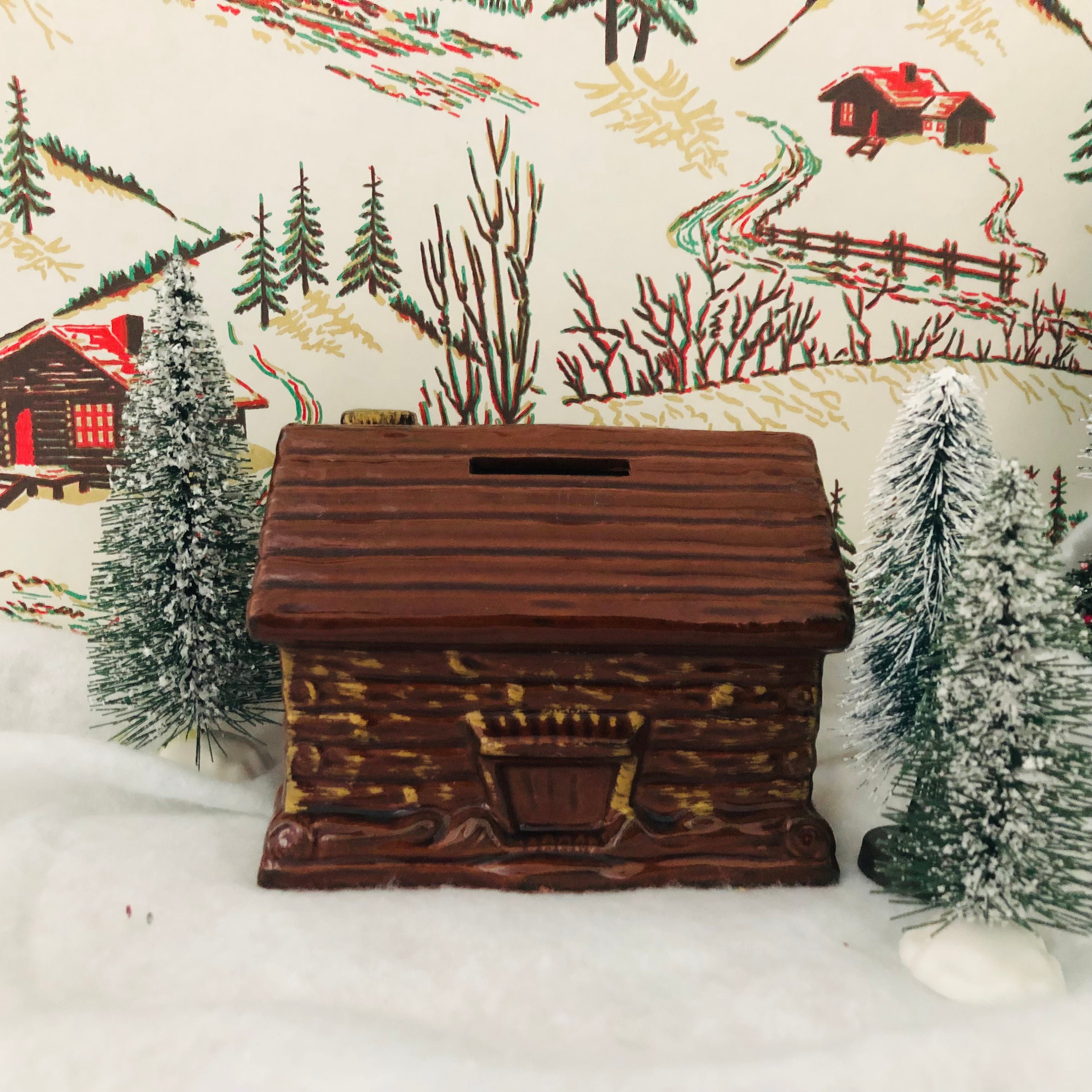 Vintage Ceramic Log Cabin Bank - Etsy