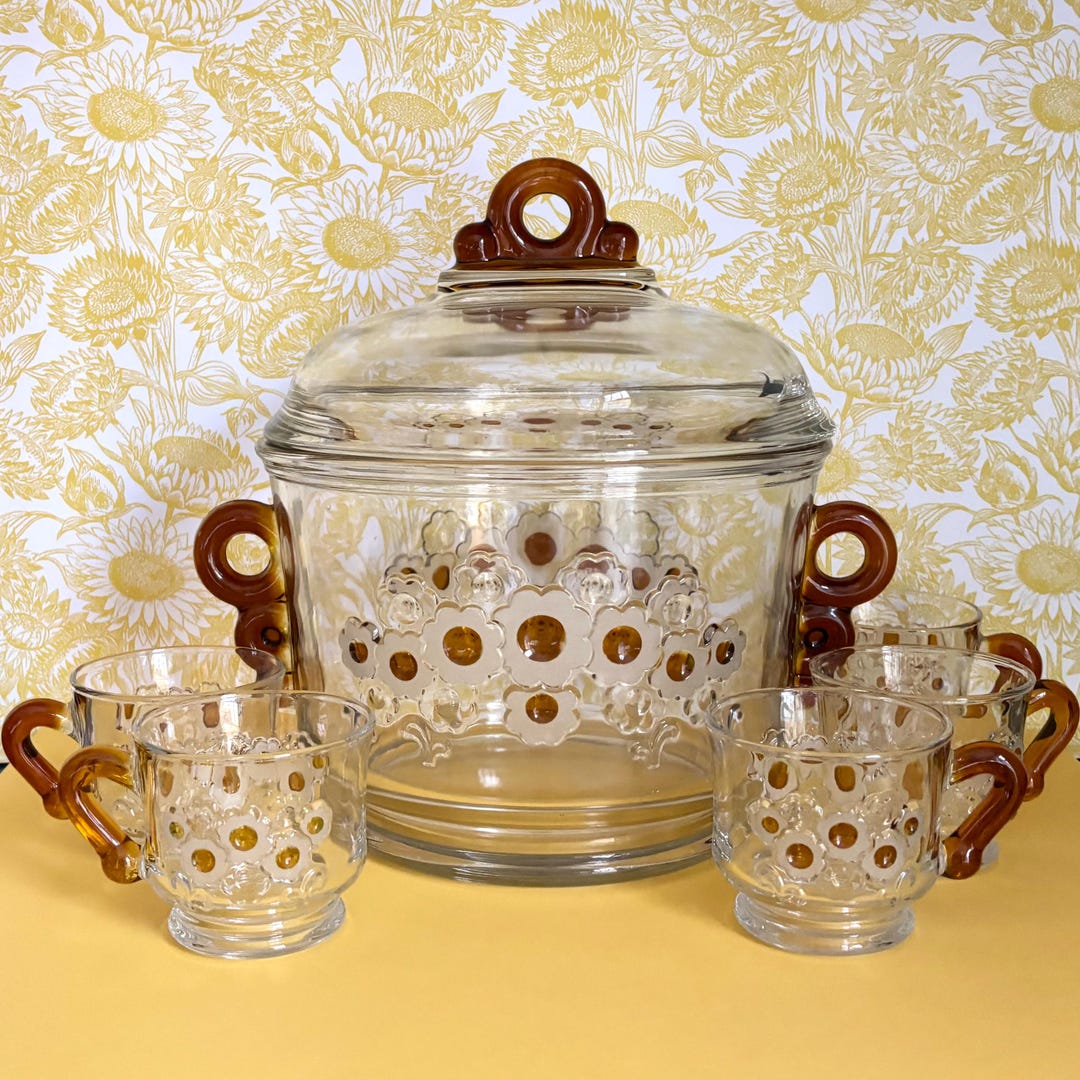 Vintage Flower Power Walther Glas Punch Bowl Set, Server and Five Cups ...