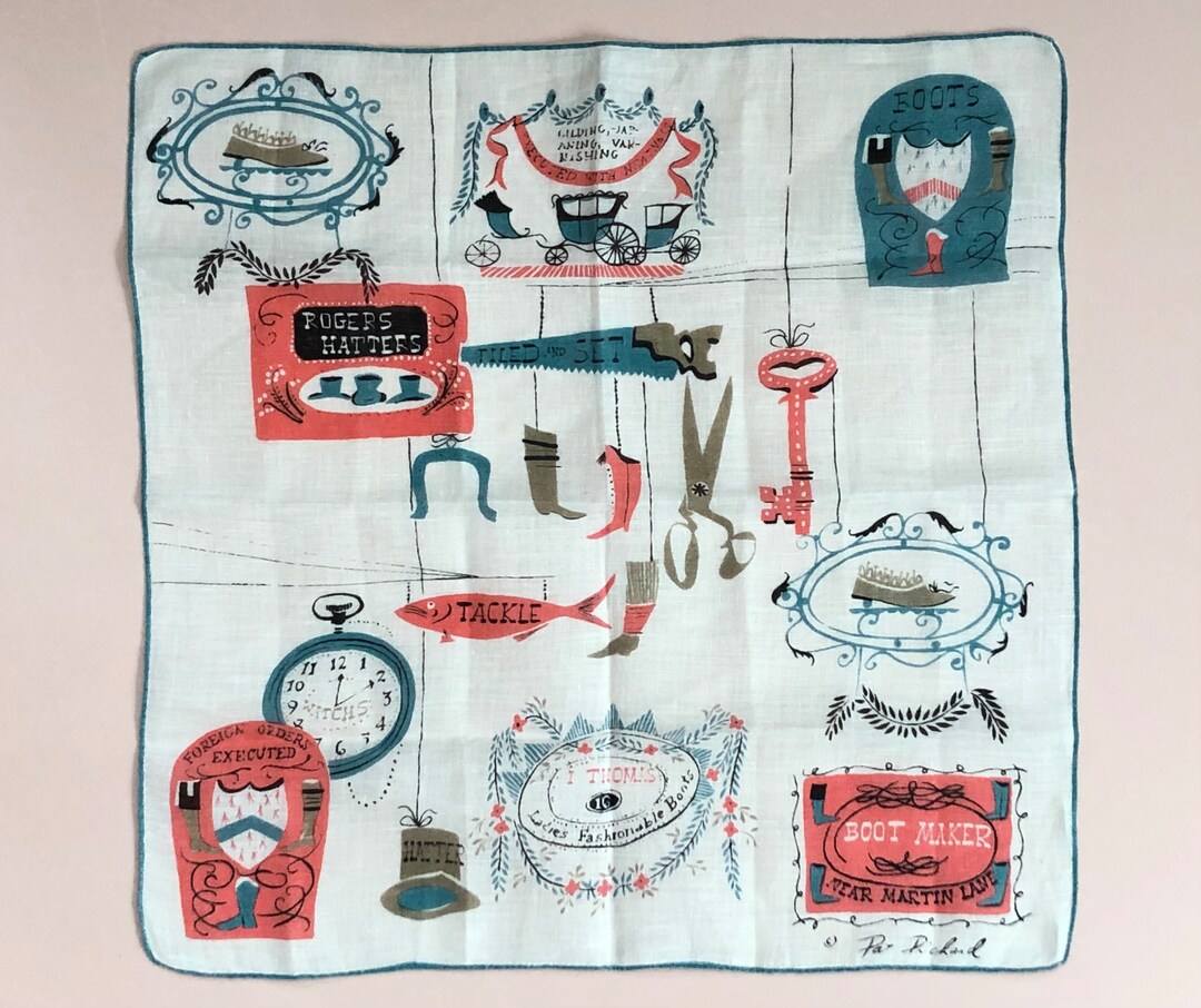 Charming Vintage Pat Prichard Designed Handkerchief With Shop Signs ...